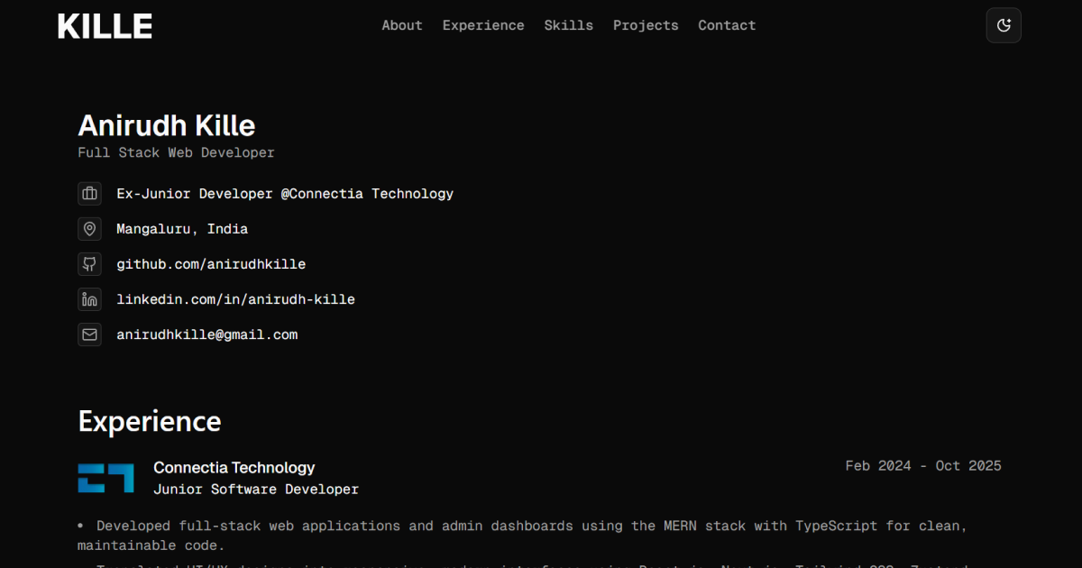 Anirudh Kille - Full Stack Web Developer